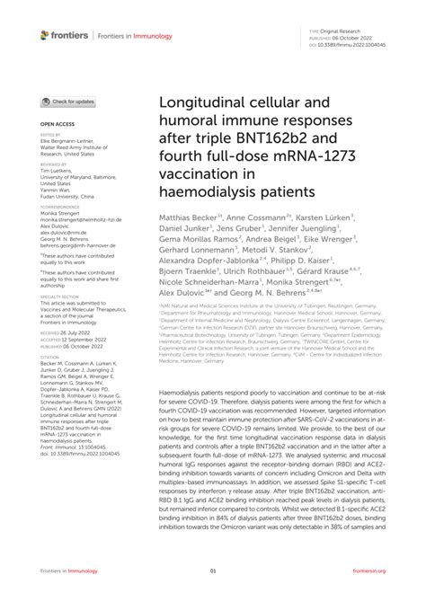 Pdf Longitudinal Cellular And Humoral Immune Responses After Triple Bnt162b2 And Fourth Full