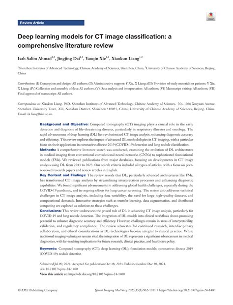 Pdf Deep Learning Models For Ct Image Classification A Comprehensive Literature Review