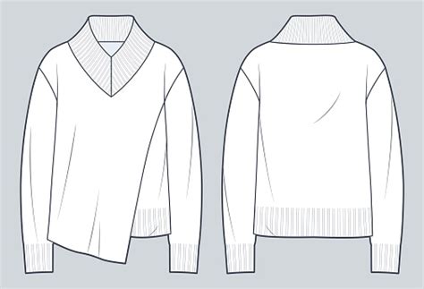 스웨터 점퍼 기술 패션 그림 비대칭 스웨트 셔츠 패션 플랫 기술 도면 템플릿 오버핏 V 넥 전면 및 후면보기 화이트 여성 남성 남녀 공용 Cad 모형 0명에 대한 스톡 벡터