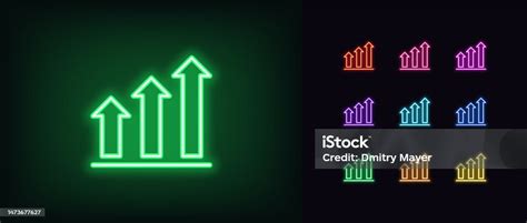 윤곽선 네온 성장 화살표 막대 아이콘 세트입니다 빛나는 네온 상승 차트 추세 기호 상승 화살표 막대 재무 예측 주식 상승 성장 수준 이익 증가 성장 추세 경제에 대한 스톡