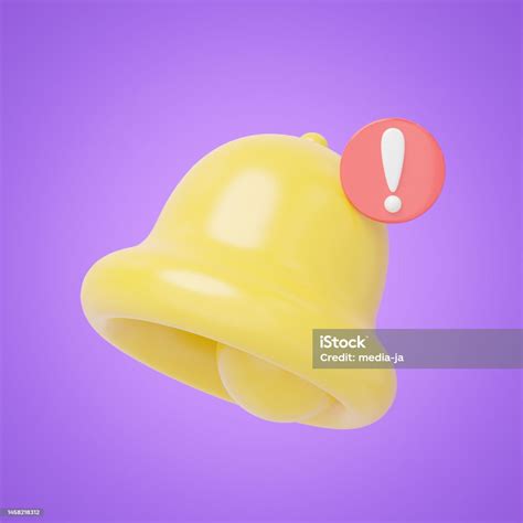 3d 알림 경고 벨 아이콘입니다 보라색에 떠 있는 소셜 미디어 알림을 위해 빨간색 레이블에 느낌표가 있는 벨 경고 만화 아이콘 최소 부드러운 3d 렌더링 클리핑 패스 3차원