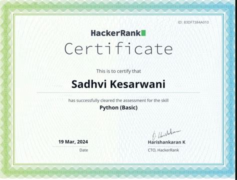 Earned Python Certificate From Hackerrank Sadhvi Kesarwani Posted On The Topic Linkedin