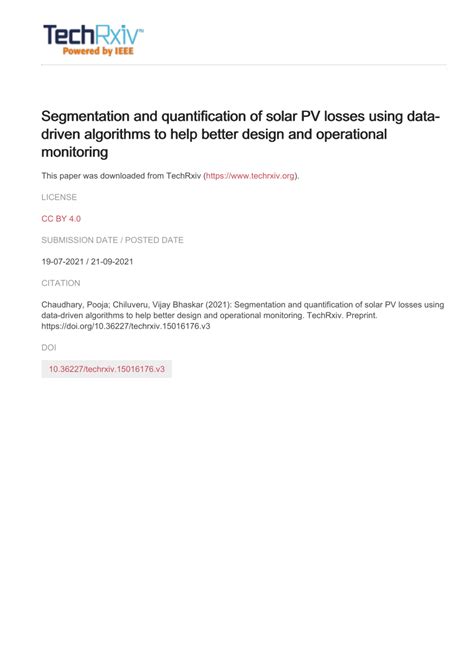 Pdf Segmentation And Quantification Of Solar Pv Losses Using Data Driven Algorithms To Help