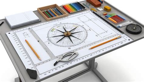 Detailed Drafting Table Setup With Instruments And Design Plans For Detailed Drafting Table Setup With Instruments And Design Plans For