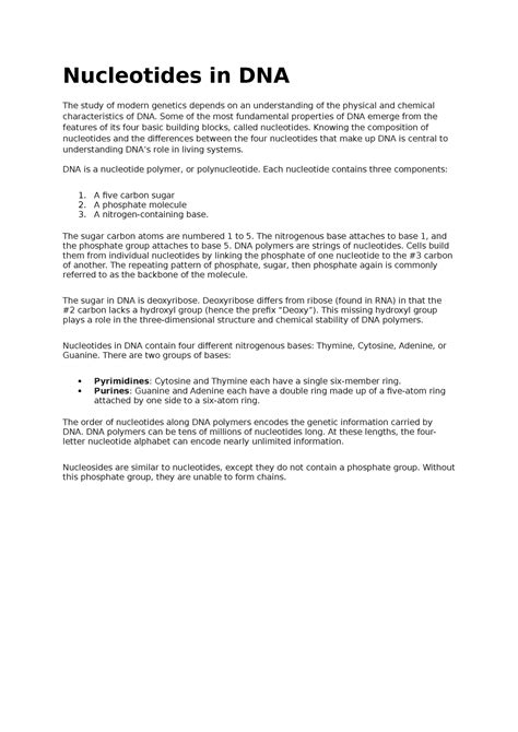 Nucleotides In DNA Summary Nucleotides In DNA The Study Of Modern Genetics Depends On An