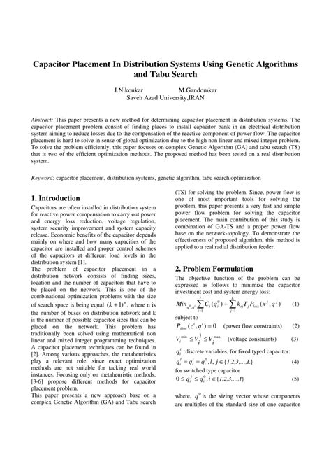 Pdf Capacitor Placement In Distribution Systems Using Genetic Algorithms And Tabu Search