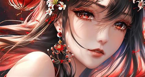 Ai Art Anime Girls Higanbana Earring Red Eyes Long Hair Hd