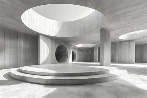 Modern Architectural Space With Circular Openings And Smooth Concrete Surfaces During Daylight