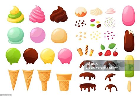 나만의 아이스크림을 만드십시오 다양한 맛의 순대 생성자 와플 콘 초콜릿 토핑 스프링클 및 베리 벡터 세트 아이스크림 콘에 대한 스톡 벡터 아트 및 기타 이미지 Istock