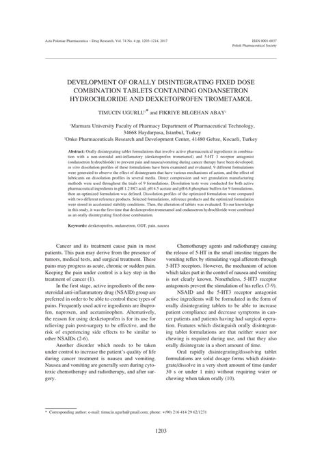 Pdf Development Of Orally Disintegrating Fixed Dose Combination Tablets Containing Ondansetron