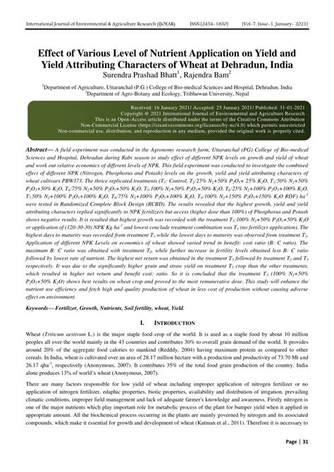Pdf Effect Of Various Level Of Nutrient Application On Yield And