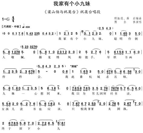 我家有个小九妹 梁山伯与祝英台 祝英台唱段 顾振遐 薛岩编曲 傅全香 评剧谱 简谱