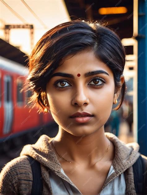 Premium Photo A Indian Woman Standing On A Train Platform