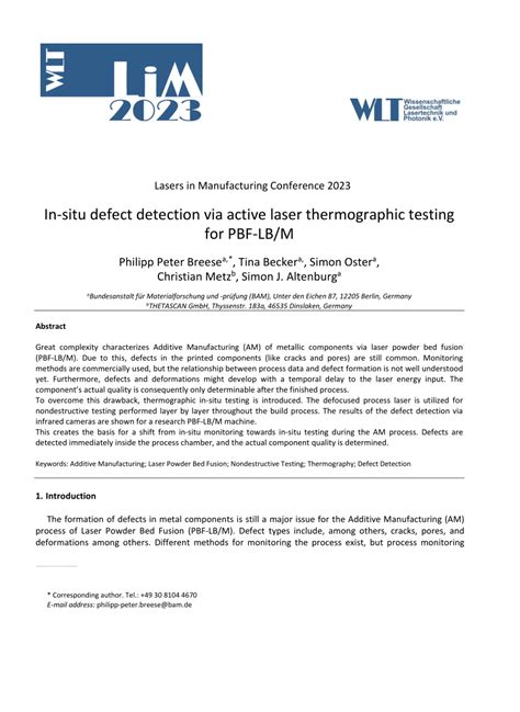 Pdf In Situ Defect Detection Via Active Laser Thermographic Testing For Pbf Lbm