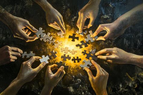 Creative Teamwork Illustrated Through Hands Connecting Puzzle Pieces With A Radiant Central Glow