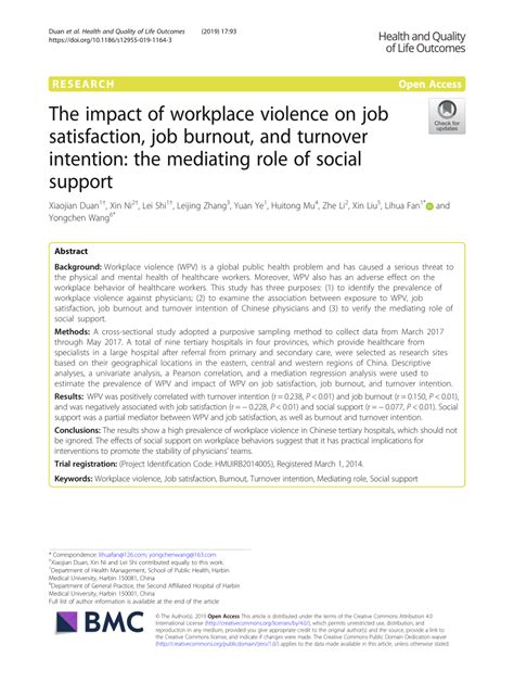 Pdf The Impact Of Workplace Violence On Job Satisfaction Job Burnout And Turnover Intention