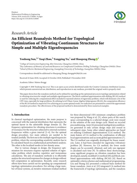 Pdf An Efficient Reanalysis Method For Topological Optimization Of Vibrating Continuum