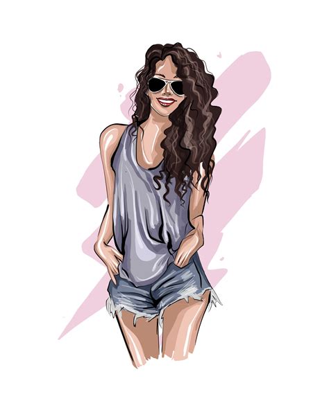 Beautiful Young Woman In Sunglasses Stylish Girl With Curly Hair Fashionable Feminine Look
