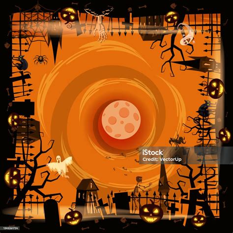 해피 할로윈 포스터 무서운 미소 호박 밤 묘지 유령의 집 유령 마녀 검은 고양이 보름달 벡터 일러스트 만화 스타일 배너 10월에 대한 스톡 벡터 아트 및 기타 이미지