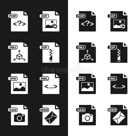 set zip file document obj php xml msg and raw icon vector stock vector