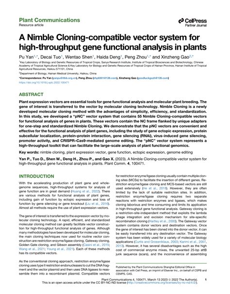 Pdf A Nimble Cloning Compatible Vector System For High Throughput Gene Functional Analysis In