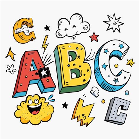 별 구름 번개가 있는 만화의 Abc 문자 프리미엄 Ai 생성 벡터