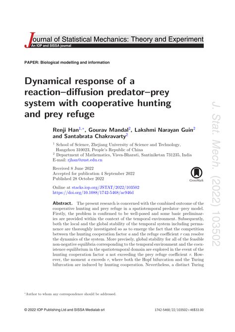 Pdf Dynamical Response Of A Reaction Diffusion Predator Prey System With Cooperative Hunting