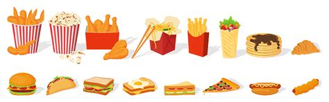 패스트 푸드 세트 Shawarma 핫도그 피자 샌드위치 팝콘 아이스크림 날개 허벅지 및 크로와상 길거리 음식 흰색 배경에 벡터