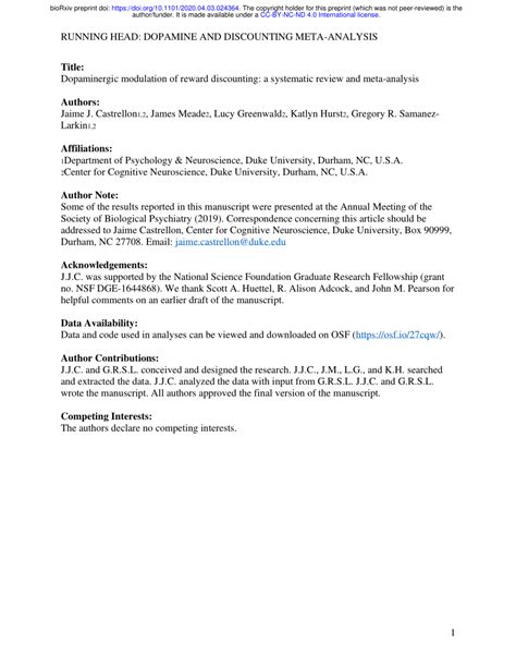 Pdf Dopaminergic Modulation Of Reward Discounting A Systematic