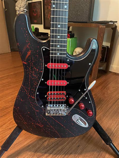 Samick Strat Matte Black With Red Splatter Reverb