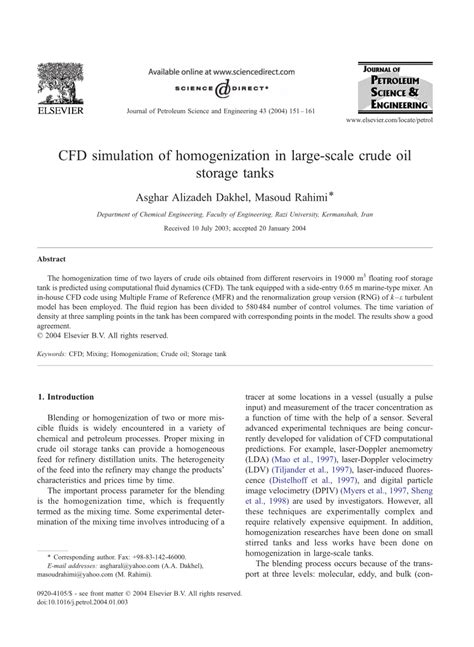 PDF CFD Simulation Of Homogenization In Large Scale Crude Oil Storage Tanks