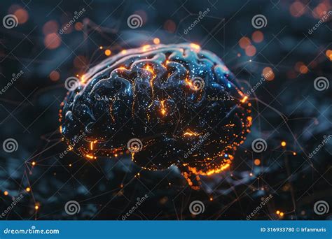 bionic brain with glowing neuron synapses stock illustration