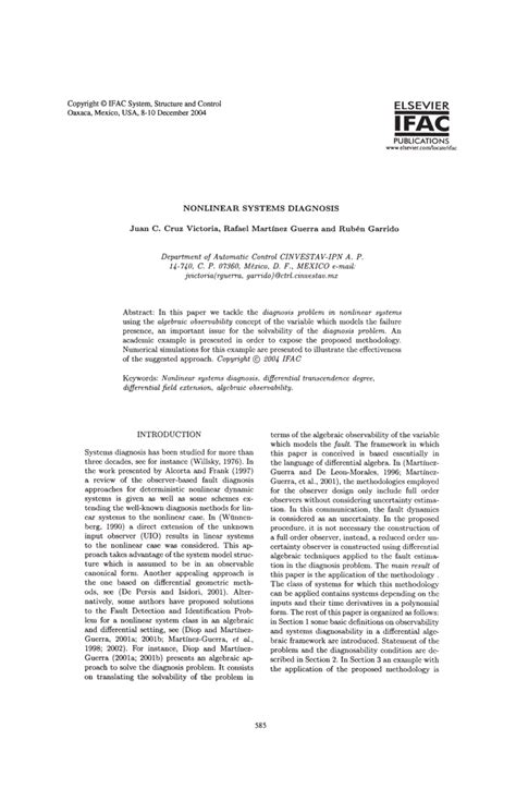 Pdf Nonlinear Systems Diagnosis