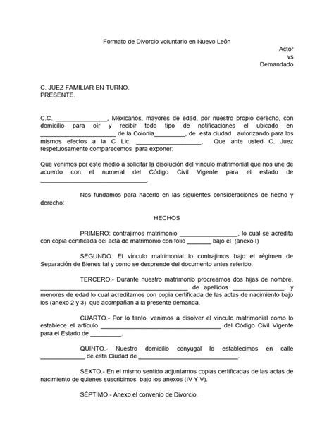 Formato De Divorcio Voluntario En Nuevo Leon Pdf Divorcio Matrimonio