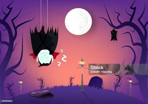 할로윈 뱀파이어 박쥐 묘지 어두운 숲에서 자 고 만화 인형 캐릭터 초대 포스터 카드 추상 배경 벡터 일러스트 레이 션 검은색에 대한 스톡 벡터 아트 및 기타 이미지 Istock