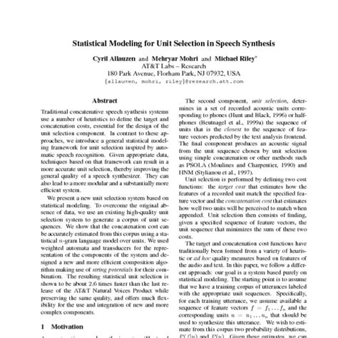 Statistical Modeling For Unit Selection In Speech Synthesis Acl Anthology