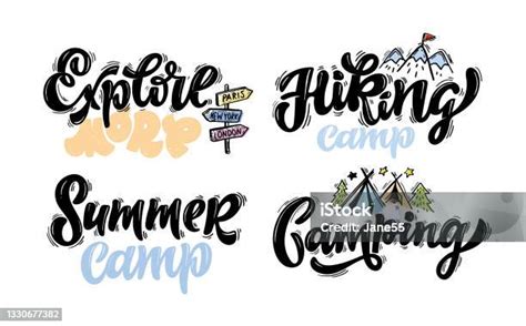 손으로 스케치 크립토 문자 타이포그래피 하이킹 캠프 캠핑 야간 낚시 캠프 여름 캠프를위한 개념 여름 캠프 로고 타입 배지 아이콘 캠핑 로고 배너 전단지 관광에 대한 스톡