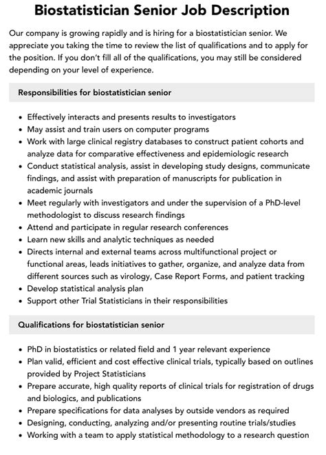 Biostatistician Senior Job Description Velvet Jobs