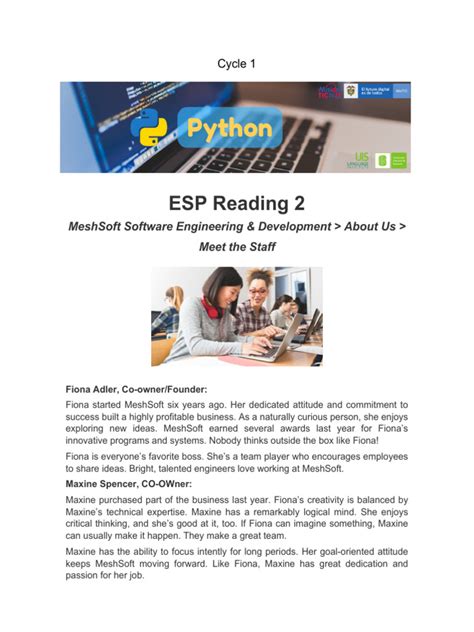 Esp Reading 2 Meshsoft Software Engineering Development About Us Meet The Staff Pdf