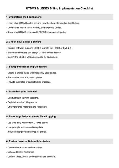 Utbms And Ledes Billing Implementation Checklist Pdf Utbms And Ledes Billing Implementation Checklist Pdf