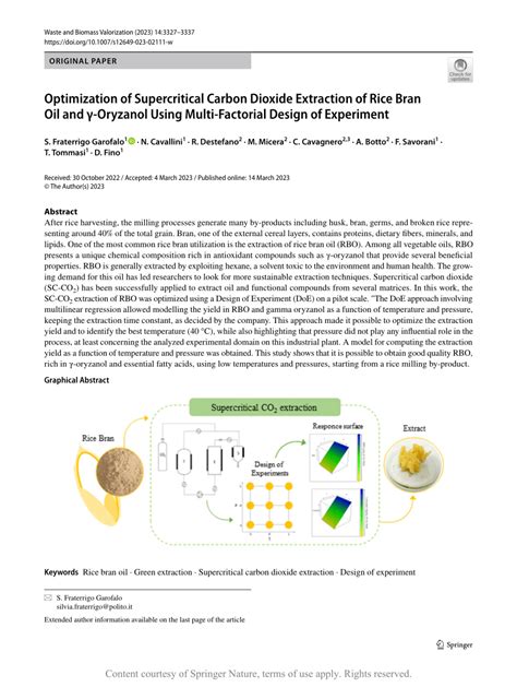 Pdf Optimization Of Supercritical Carbon Dioxide Extraction Of Rice Bran Oil And γ Oryzanol