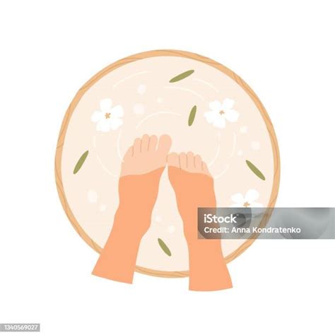 페디큐어 스파 물 꽃과 스파 그릇에 그녀의 발을 담그고 여자 스파 트리트먼트 컨셉 만화 스타일의 벡터 일러스트레이션 족욕에 대한