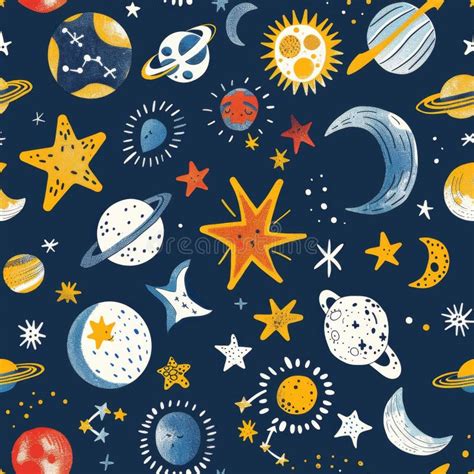 Colorful Space Pattern With Planets Stars And Celestial Bodies Stock