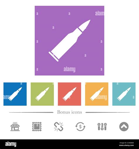 Bullet Rifle Ammo Flat White Icons In Square Backgrounds 6 Bonus Icons Included Stock Vector