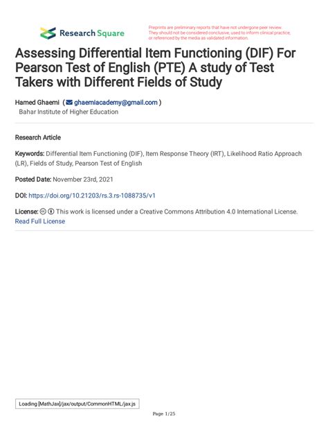 Pdf Assessing Differential Item Functioning Dif For Pearson Test Of