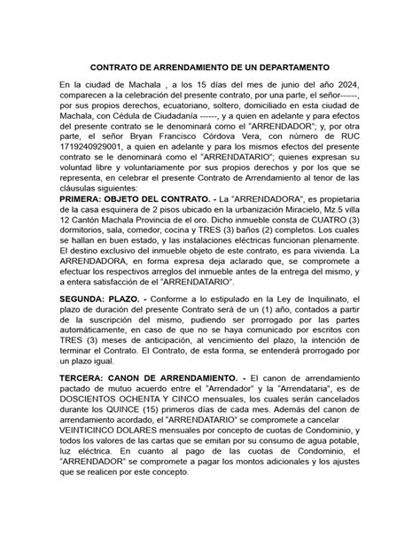 Contrato De Arrendamiento De Un Departamento Descargar Gratis Pdf