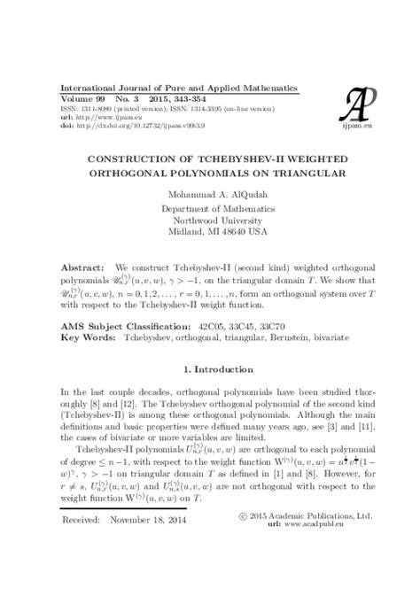 Pdf Construction Of Tchebyshev Ii Weighted Orthogonal Polynomials On Triangular
