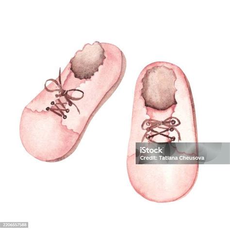 아기 소녀 핑크 부티 여자아이야 손으로 그린 수채화 그림 신생아를 위한 신발 흰색 배경에 고립되어 있습니다 생일 축하 장식 초대장 성별 공개 파티 베이비 샤워 인사말 카드