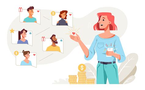 파트너십을 구축하고 친구를 참조하는 비즈니스 프로그램 사람들의 아바타와 여자와 상자 수익을 얻고 돈을 벌수 있습니다 테이블 벡터를 보여주는 스마트 폰과 이야기하고 몸짓을