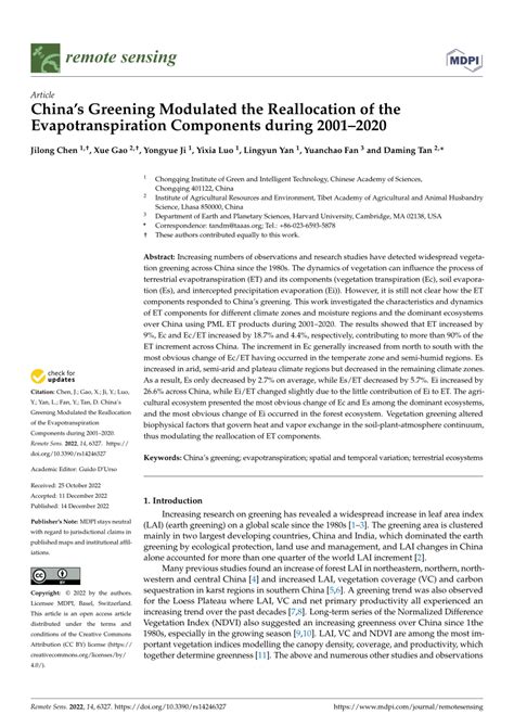 Pdf Chinas Greening Modulated The Reallocation Of The Evapotranspiration Components During